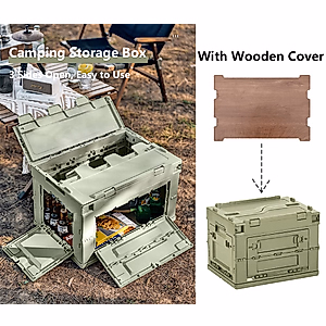 VPTMRP 50L Large Capacity Camping Storage Box with Wooden Lid Foldable 3-Door Utility Box for Home Outdoor, Portable Camping Items Storage Bin