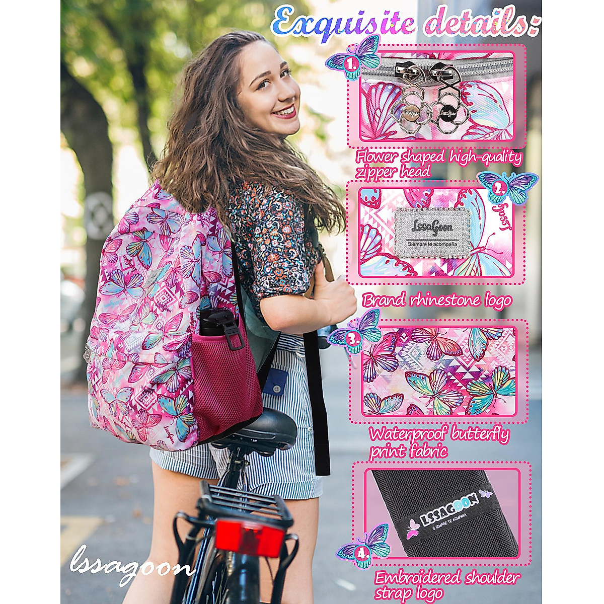 LSSAGOON Butterfly Print Backpack for Girls Teens Women.16in Bookbag W/Stationery Bag.Casual Baypack for Travel School Gift.