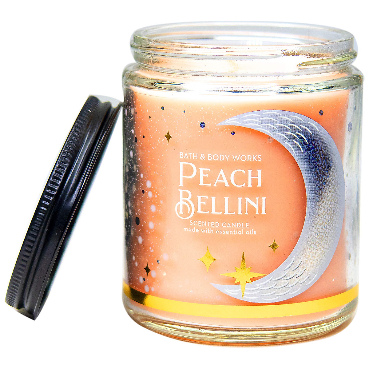 White Barn Bath and Body Works, 1-Wick Candle w/Essential Oils - 7 oz - 2020 Holidays Scents! (PeachBellini), Pink Soy Wax, Multicolor Jar Print, Transparent Glass, Black Cap