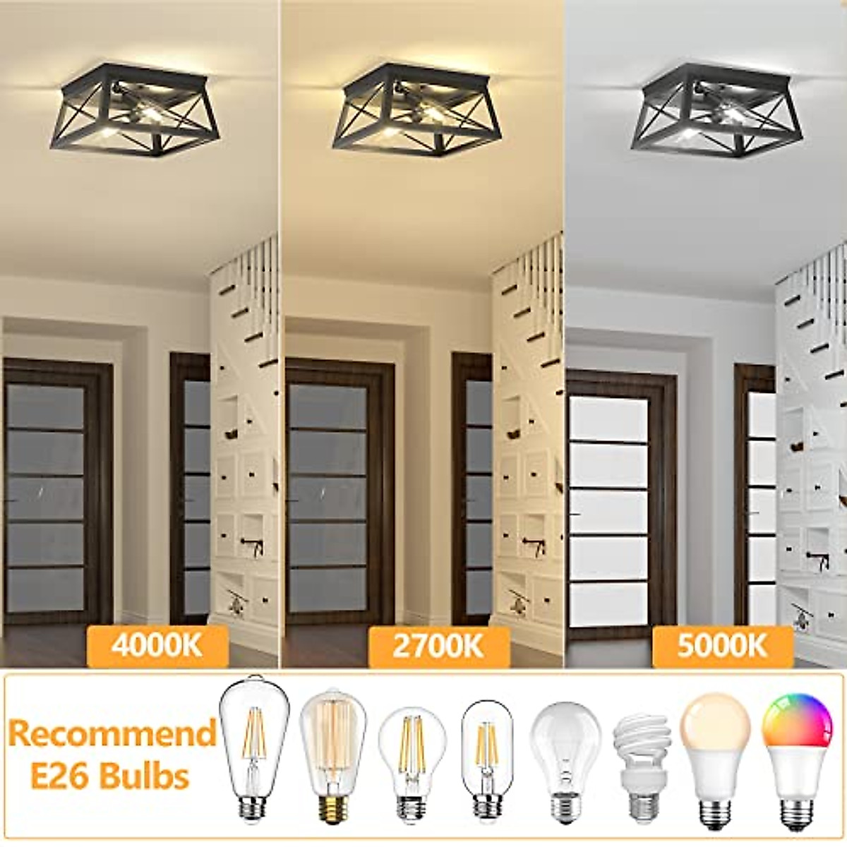 Pynsseu Industrial Ceiling Light, 2 Lights Farmhouse Semi Flush Mount Ceiling Fixture for Kitchen Island Dining Room Bedroom Foyer Hallway, 1 Pack, Black
