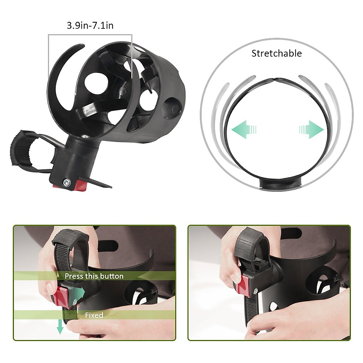 AULLY PARK Universal Drink Cup Holder Adapter, 360° Rotation Handle Bar Mount for Baby Strollers, Wheelchairs, Bikes, luggages (Black)