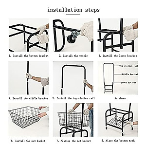 DZWYC Coat Rack Clothes Stand with Mesh Bottom Shelf Multi-Functional Clothes Rack on Wheels Metal Garment Rack with Mesh Storage Baskets Clothes Storage (Color : Black)