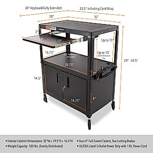 Line Leader Extra Wide AV Cart with Locking Cabinet, Rolling Computer Desk, Height Adjustable Utility Cart with Pullout Keyboard Tray & UL-Listed Power Strip, Great for Projectors (42 x 32 x 20in)
