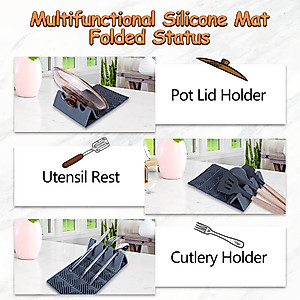 Silicone Utensil Rest - Spoon Rest with Drip Pad for Stove Top, Heat Resistant BPA Free Spoon Holder for Spatula, Brush, Fork - Multifunctional & Foldable Silicone Dish Drying Mat for Kitchen Counter