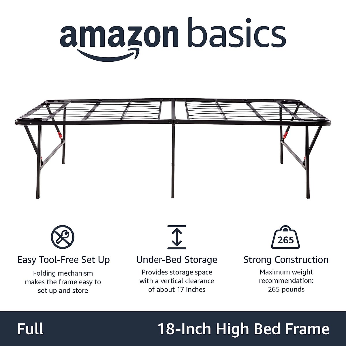 Amazon Basics Foldable Metal Platform Bed Frame with Tool Free Setup, Sturdy Steel Frame, No Box Spring Needed, Full, Black, 75 x 54 x 18 inches (LxWxH)