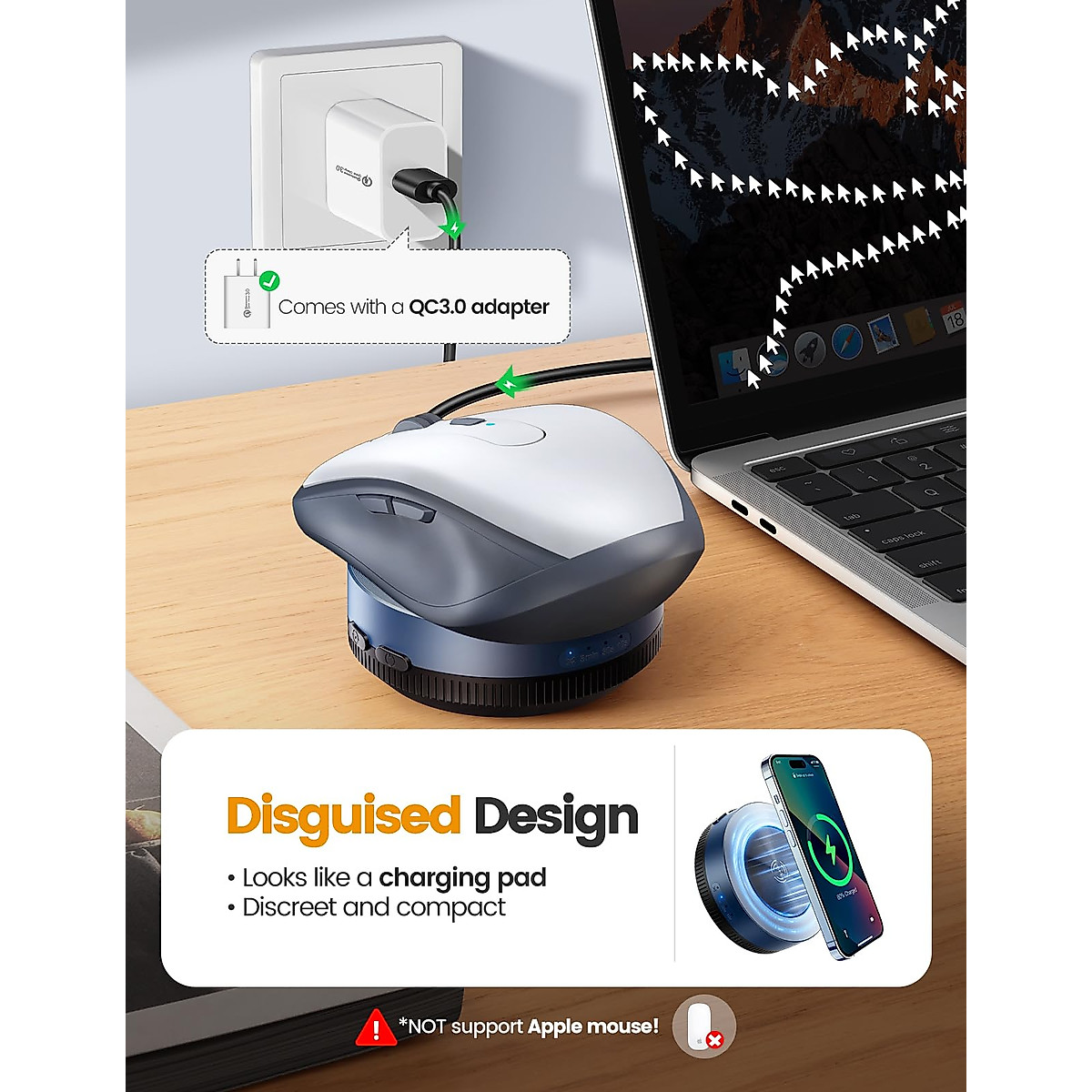 STARSIKI 2-in-1 Mouse Jiggler and Wireless Charger, Mouse Mover Undetectable Device Automatic Phone Charging Pad, Quiet Mice Shaker Wiggler Giggler Juggler to Keep Moving for Office/Work from Home
