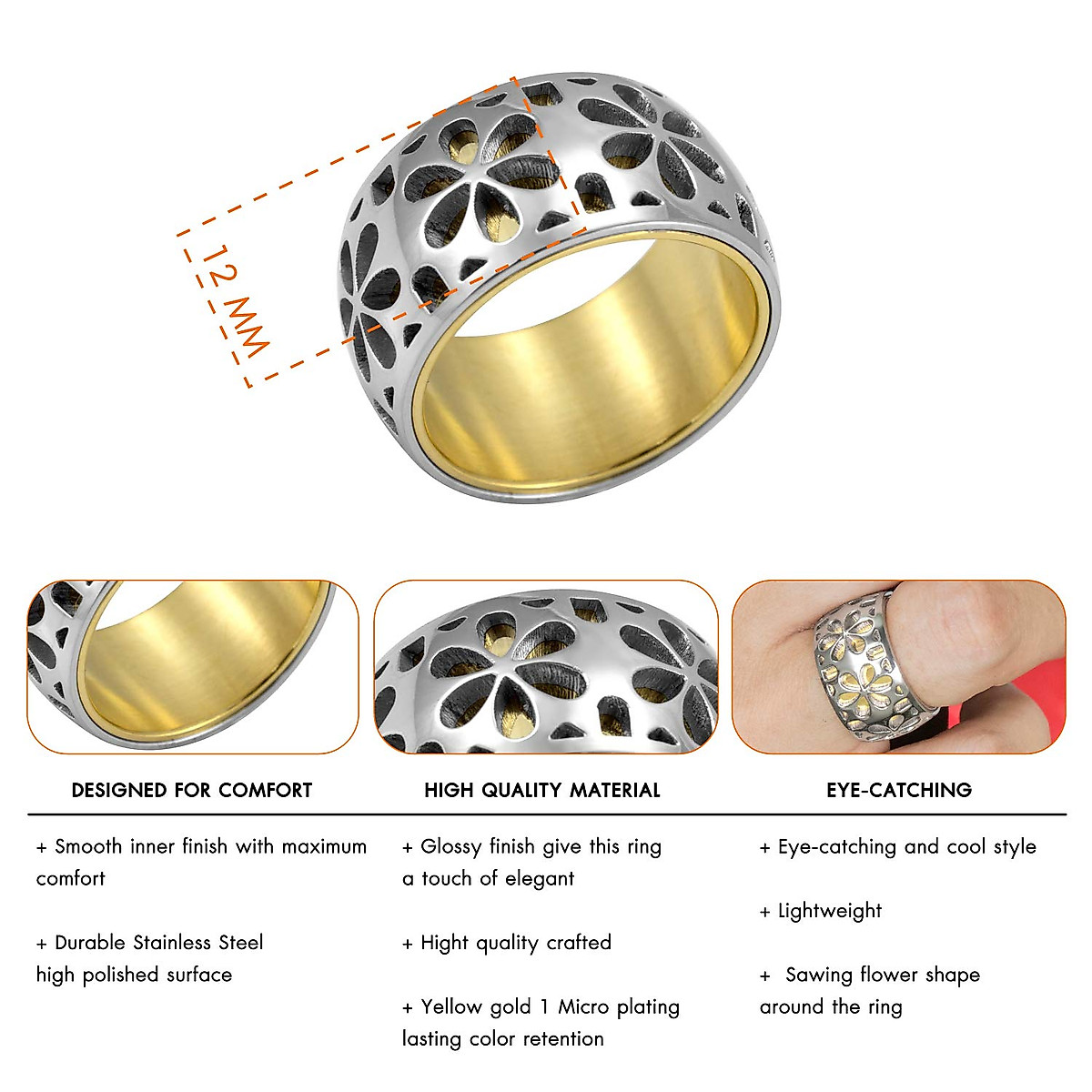 555Jewelry Edgy Stainless Steel Engraved Daisies Hawaiian Plumeria Flower Full Bloom Blooming Memorable Unisex Wedding Engagement Band Fashion Jewelry Accessory Ring, Yellow Gold Size 9