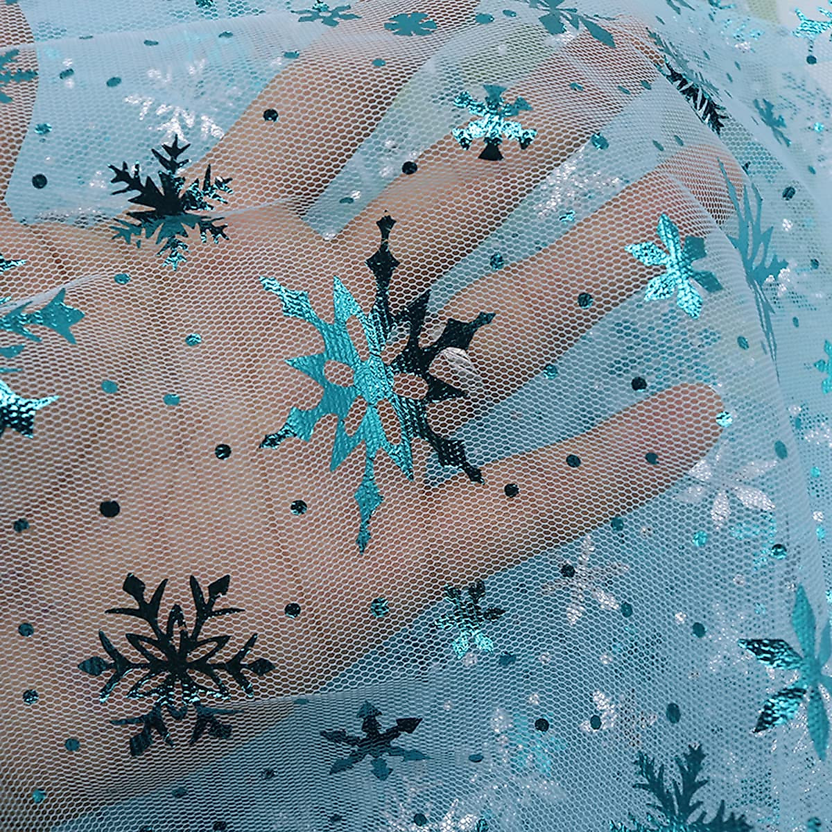 Queenbox 100x150cm Sparkle Snowflake Tulle Sequins Mesh Fabric Glitter Snow Flower Net Gauze for Christmas Wedding Party, Sky Blue + Blue Star