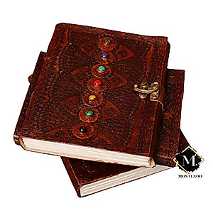 MONTEXOO Leather Journal Diary Seven Stone Sketchbook Notebook with Lock for Men Women Dnd Travel Bullet Handmade Vintage Old Antique Writing Large Old Cool Brown 8 Inch