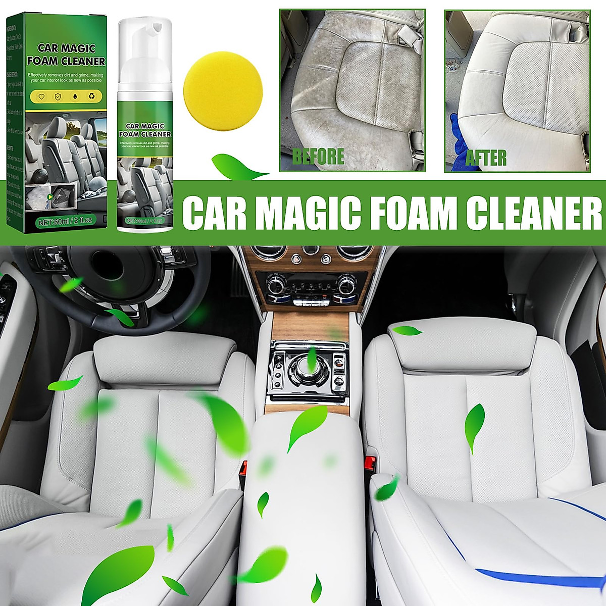 Ganbaro Car Magic Foam Cleaner, Powerful Upholstery and Car Seat Stain Remover, Multipurpose Foam Cleaner for Car Detailing - 60ml with Cleaning Sponge