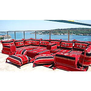 Red Corner Floor Sofa Seating Set, U Shaped Arabic Sofa Set, Oriental Floor Seating, Floor Cushions, Living Room Sofa, Arabic Majlis,Floor Couch (U Sofa Full Set)