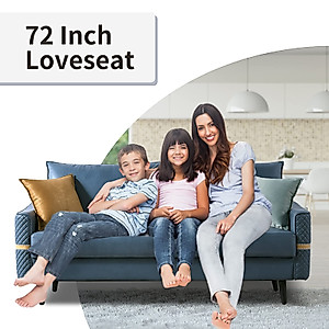 72 inch Small Sofa, Mid-Century 3-Seat Loveseats for Living Room, l Couch Witch 2 Pillows, Faux Leather Dorm Sofa for Apartment, Studio and Small Space, Blue