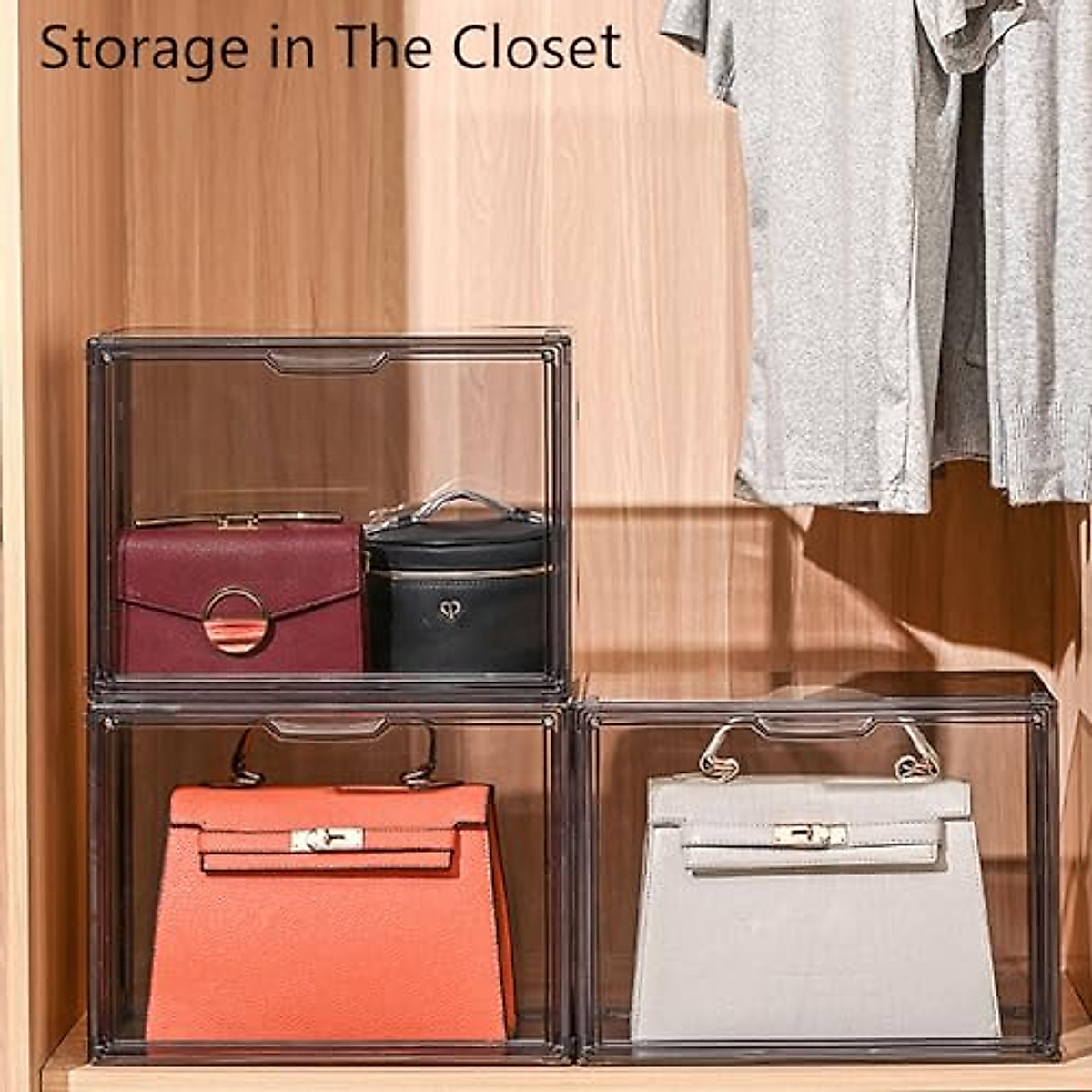 WMM Purse Storage Organizer for Closet, 3 Packs Plastic Acrylic Clear Handbag Purse Shoes Book Figure Toy Display Case, Storage Bins for Cosmetic, Stackable Magnetic Drop Front Storage Organizer