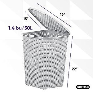 Plastic Corner Laundry Hamper with Lid, Curved Designed Laundry Basket, 2 Pack White Smoke Cloths Hamper Organizer with Cut-out Handles for Laundry Room Bedroom Bathroom, Wicker Design, 50 Liter