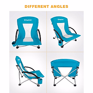 KingCamp Profile Beach, Foding Portable Lightweight Sand Chair for Big Boy with Cup Holder,Carry Bag Padded Armrest for Outdoor Camping Lawn Concert Traveling Festival, Low Back, LowBack_Cyan
