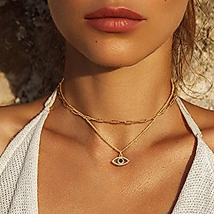 PPJew Layered Evil Eye Necklace 18K Gold Plated Blue Third Eye Layering Chocker Necklace Protection Mal De Ojo Nazar Amulet Jewelry Gift for Women Mother（Gold）