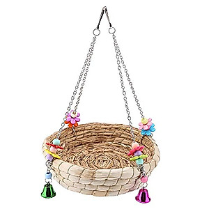 Bird Nest, Safe Parrot Straw Durable Bell Bird Toy Swing Nest Hanging on Birdcage