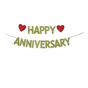 TENNYCHAOR Happy Anniversary Banner,Gold Glitter Heart Paper Sign Perfect for Wedding Anniversary Party Decorations.
