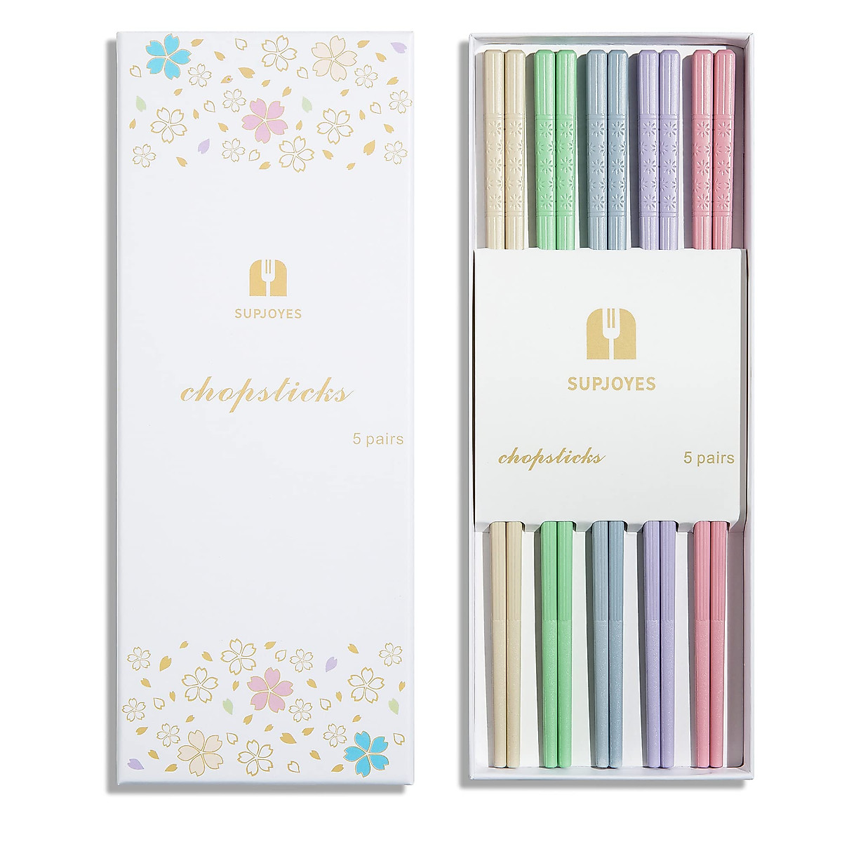 SUPJOYES 5 Pairs Fiberglass Chopsticks, Multicolor Reusable Chop Sticks Japanese Style, Non-Slip Chopsticks Gift Set Dishwasher Safe, 9 1/2 Inches