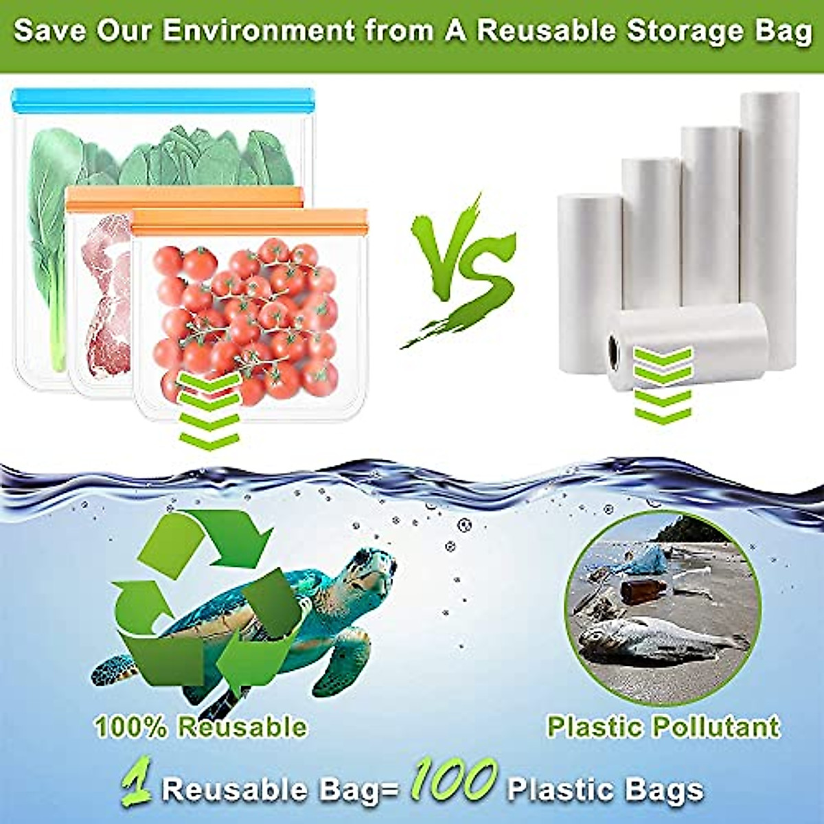 BLOCE Reusable Ziplock Bags Silicone, 3 Pack BPA FREE Flat Freezer Bags, FDA Grade Leakproof Reusable Vacuum Bags, Lunch Bags For Meat Fruit Cereal Snacks