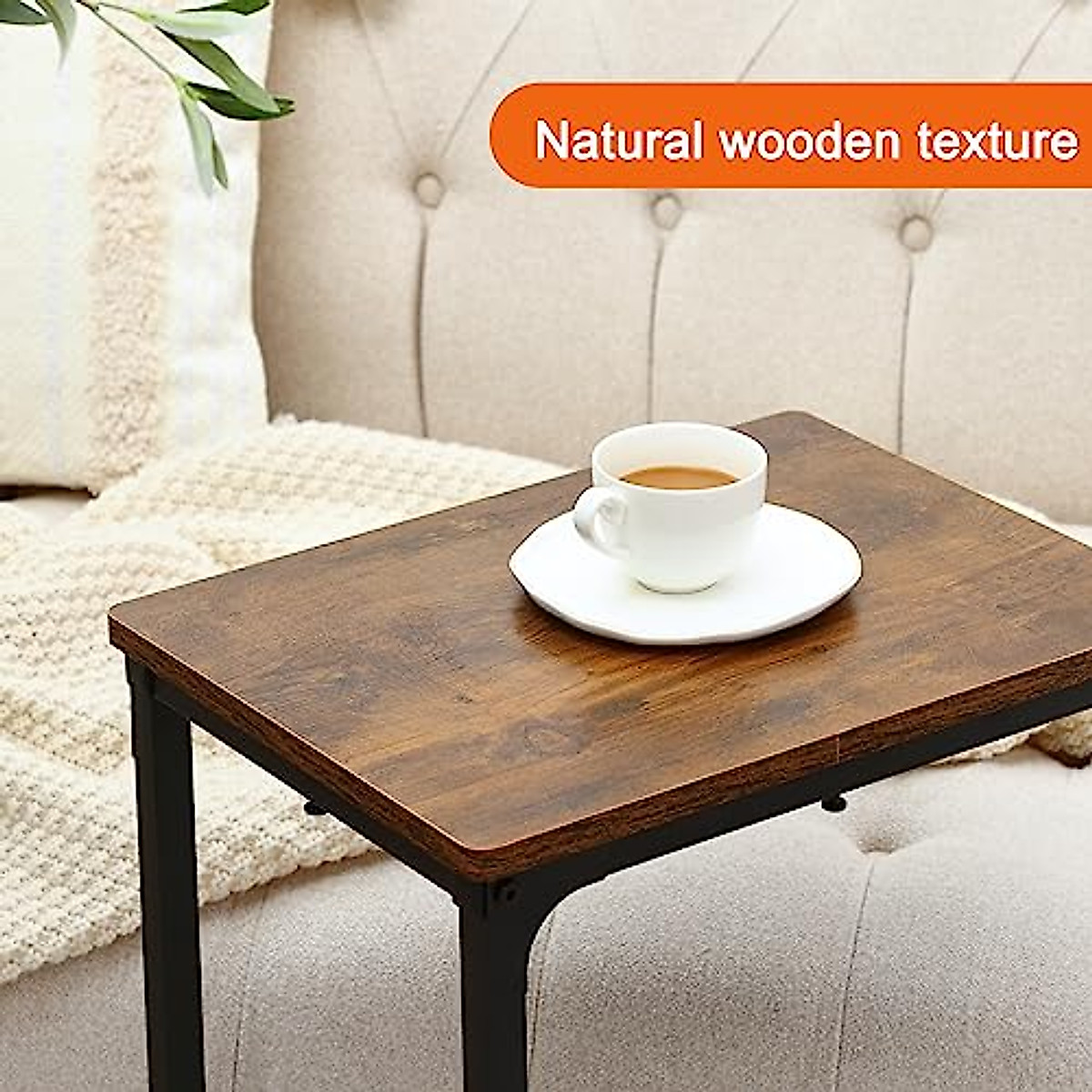 Fixwal C-Shaped End Table, Side Table for Sofa, Vintage Accent Couch Table with Metal Frame for Coffee Snack Laptop
