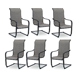 PHI VILLA Outdoor C-Spring Dining Chairs Set of 6, Patio Sling High Back Rocker Chairs with Padded Textilene Fabric & Black Metal Frame for Patio, Porch, Deck, Yard