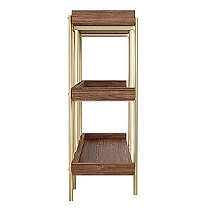 Martha Stewart Emmett 3 Shelf Storage Display Unit Bookcase with Metal, Set of 1, Walnut Wood Grain/Polished Brass Frame