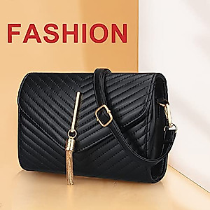 Black Leather Quilted Flap Crossbody Bag for Women - Perfect for Everyday Use, Best Cross body Purse Designer Shoulder Bag with Tassel