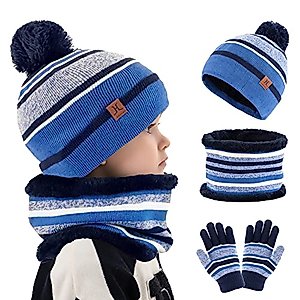 Fancosni Winter Gloves Beanie and Hat for Kids Set, Toddler Winter Hat for Children Boys and Girls 2 3 4 5 6 Age, Scarf Neck Warmer, Touch Screen Gloves Beanie Cap for Cold Winter, 3pcs Blue