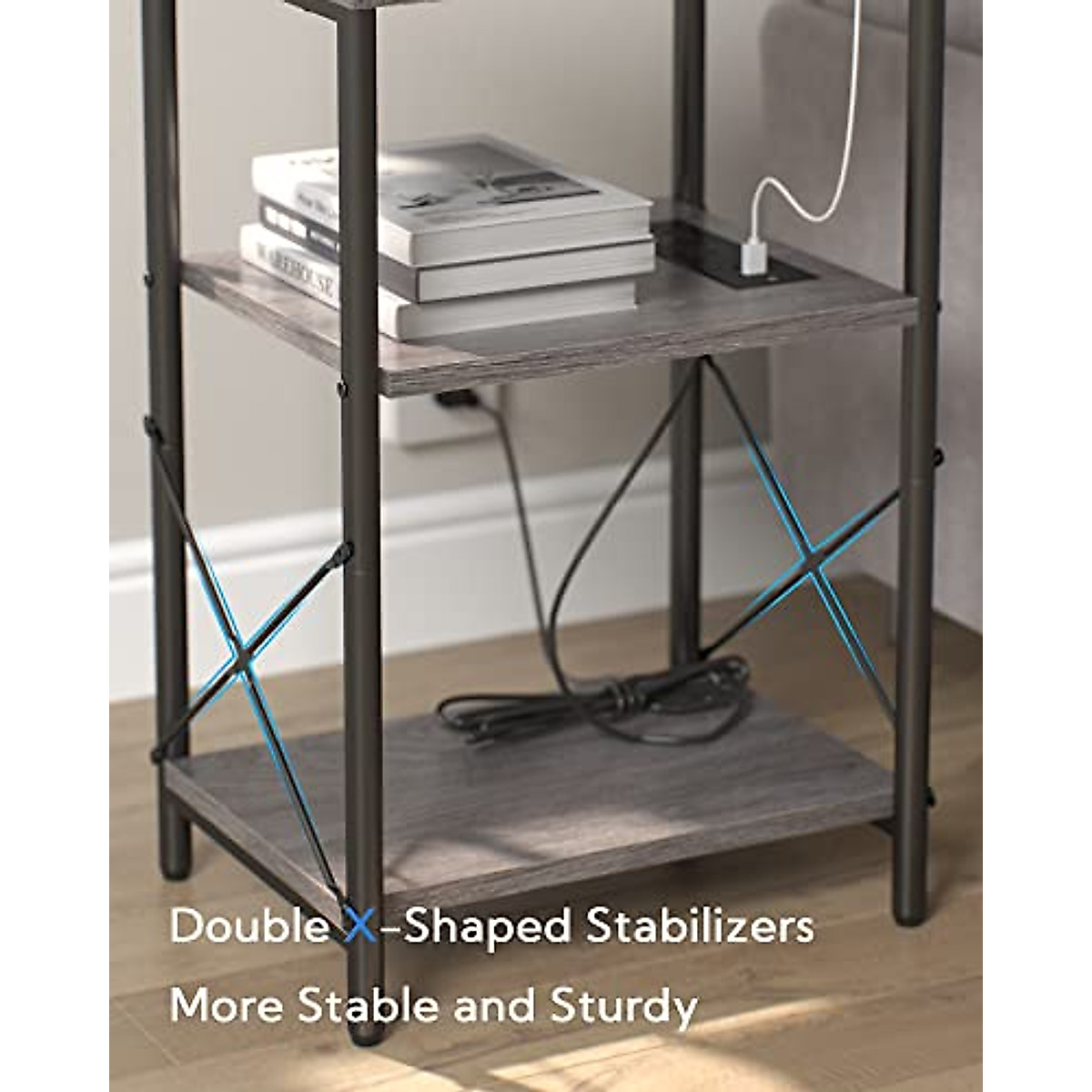 Yusong Small Side Table with Charging Station, Slim End Table for Narrow Space in Living Room,3 Tier Skinny Nightstand Bedside Table with USB Ports & Outlets for Bedroom, Grey