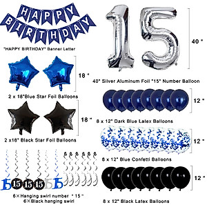 15th Birthday Decorations for Boys Girls Blue Birthday Decorations For Teenager Kids Party Supplies Including HAPPY BIRTHDAY Banner Balloons for Birthday Party Decor 15 Years Old Birthday Party