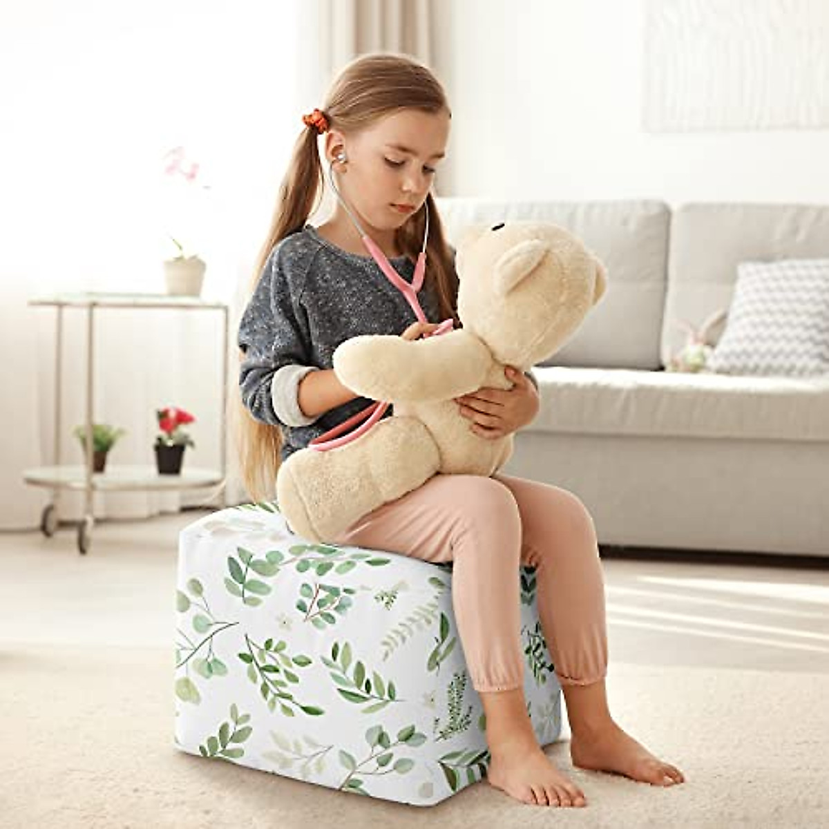 Sweet Jojo Designs Green Boho Floral Leaf Boy Girl Ottoman Pouf Cover Unstuffed Poof Floor Footstool Square Cube Pouffe Storage Baby Nursery Kids Room Sage White Bohemian Gender Neutral Watercolor