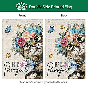 CROWNED BEAUTY Spring Floral Cat Garden Flag Life Is Perfect 12×18 Inch Double Sided for Outside Small Burlap Seasonal Yard Flag
