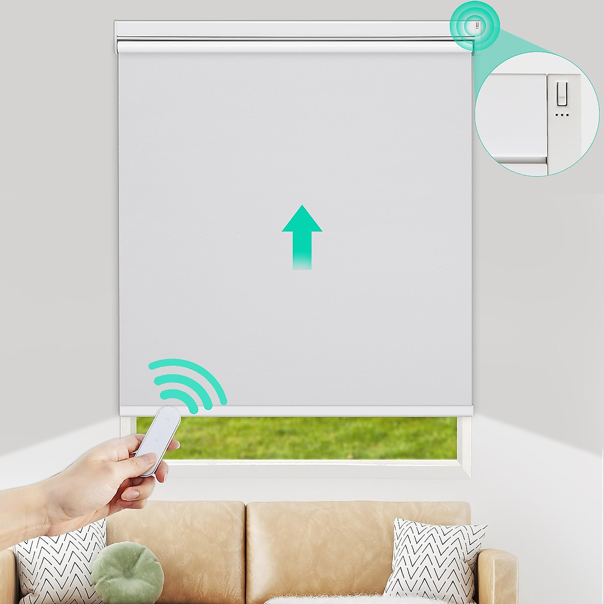 Allesin Motorized Roller Blinds with Remote Control for Windows, Blackout Smart Roller Shade, Battery Powered Electric Smart Blind (White,34" Wx72 H)