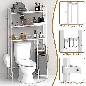 NOVIMANGO Over The Toilet Organizer White, Bathroom Space Saver Over Toilet, 5-Tier Bathroom Over Toilet Storage, Above Toilet Stand with 4 Hooks for Restroom, Laundry