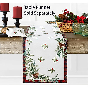 Lintex Aspen Red Black Plaid and Garland Bordered Christmas Tablecloth, Cottage Check Bordered Xmas and Holiday Print Easy Care Fabric Tablecloth, 70 Inch Round