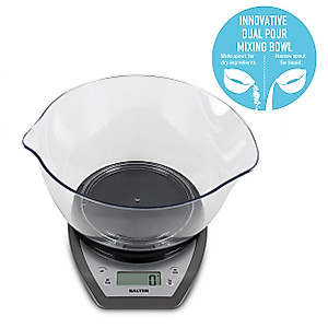 Salter 1024 SVDR14 Digital Kitchen Scale with Bowl- 2L Dishwasher Safe Mixing Bowl, Easy Dual Pour Wide & Narrow Spouts, Measure Liquids, Add & Weigh Function, Easy Read Display, 5kg Capacity, Silver