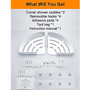 TRUSTLIFE Corner Shower Caddy 2-Pack - Adhesive Corner Shelf with Hooks for Inside Shower, No Drilling & Rustproof Shower Storage Rack for Bathroom, Wall Mount Bathtub Caddy Shelf Organizer - Silver