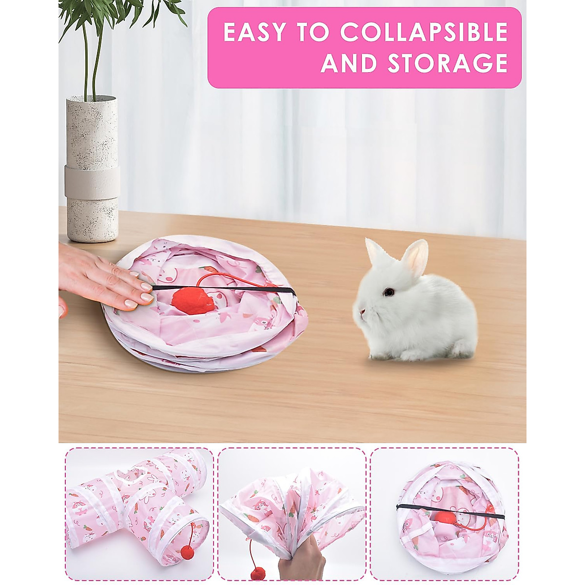 Bissap Rabbit Tunnel, 9.8'' Collapsible Bunny Tunnel and Tube 3 Ways Pet Hideout with 1 Play Ball for Indoor Kittens Dwarf Rabbits Bunnies Guinea Pigs Chinchillas Small Animal Activity Fun Toys (Pink)