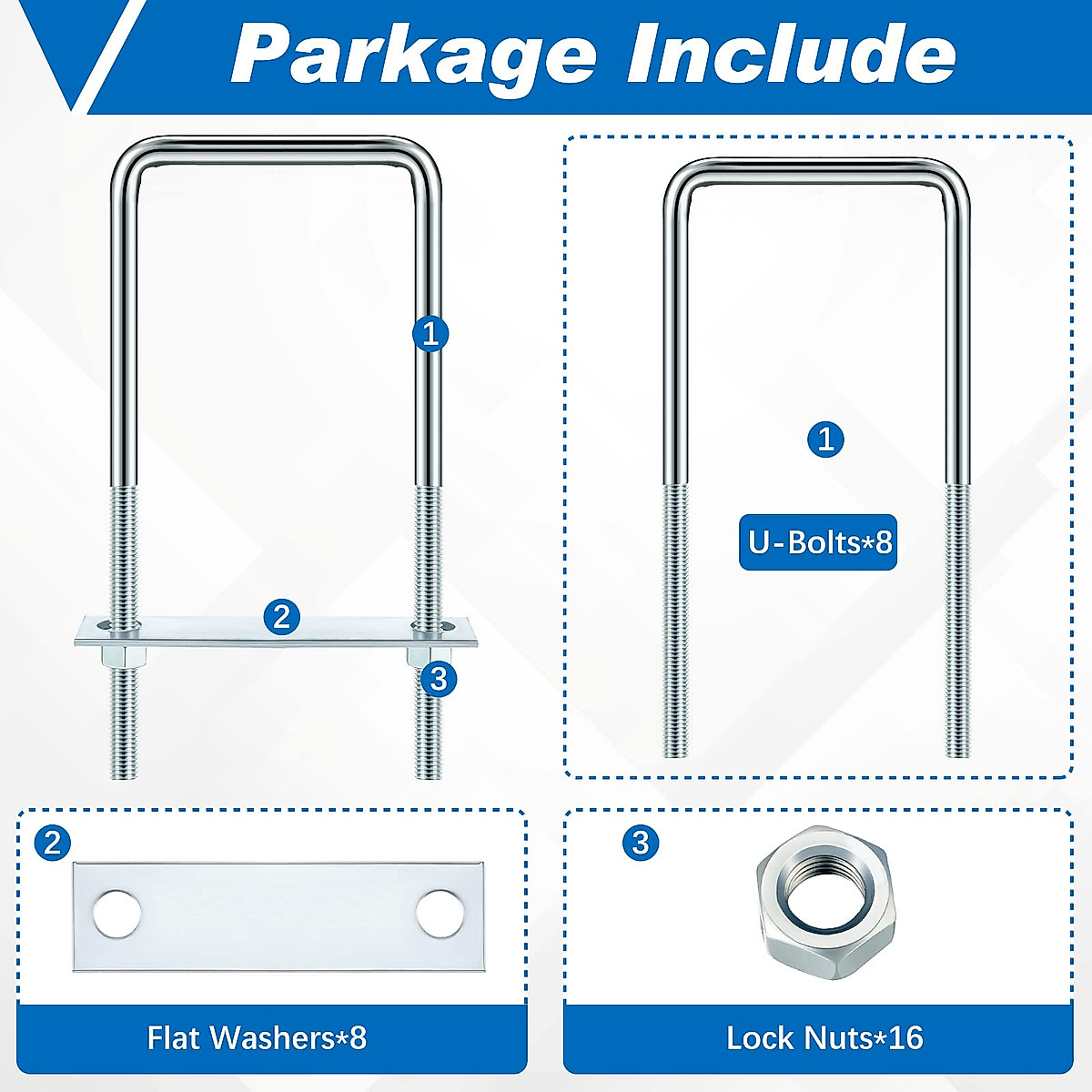 8 Sets Square U Bolts, Carbon Steel Zinc Plated U Clamp Bolt with Nuts and Frame Plates for Sailboat Trailers, Tube, Industrial Supplies, 3/8 x 3 x 7 Inches