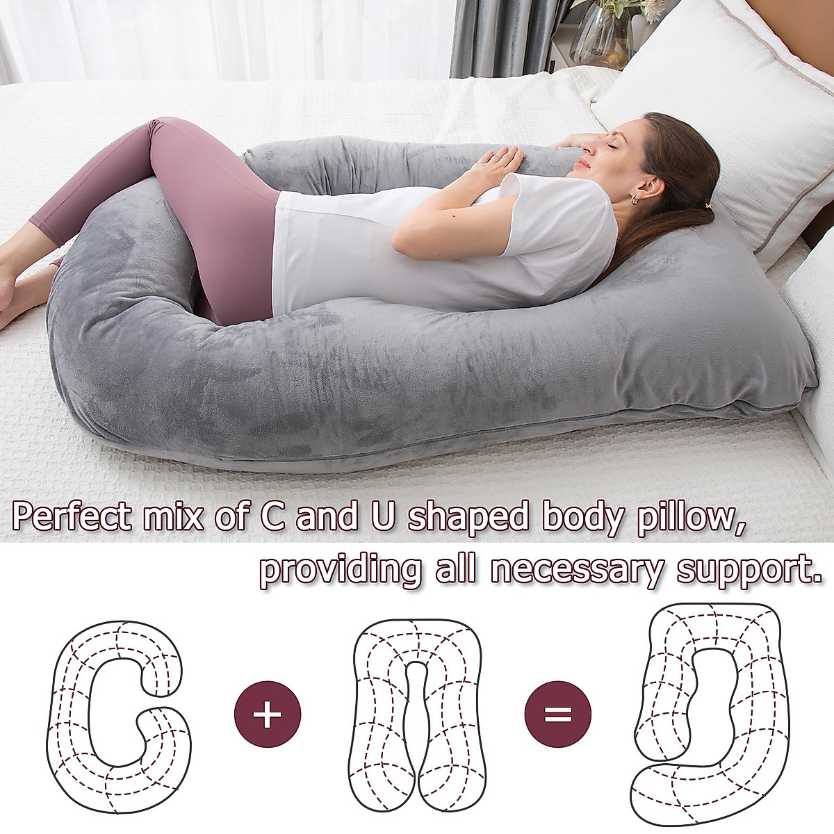 MOON PINE Pregnancy Pillow, U Shaped Full Body Pillow for Maternity Support, Sleeping Pillow with Cover for Pregnant Women (Dark Grey)