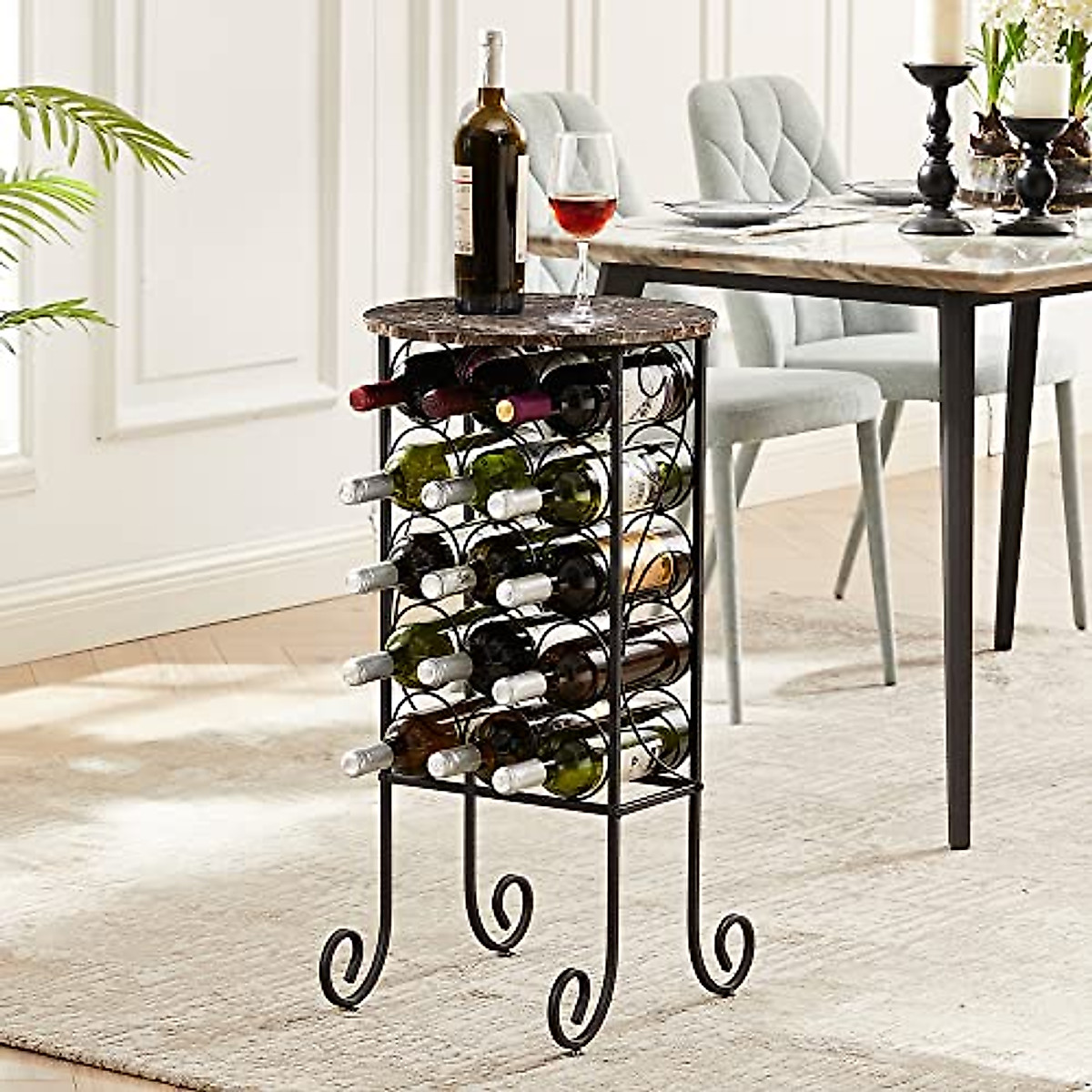 VECELO Metal Wine Rack Console Table, Freestanding Floor Bottles Organizer & Display Shelf with Faux Marble Finish Top, for Bar Kitchen Dining Living Room, Small Spaces, Holds 15, Black