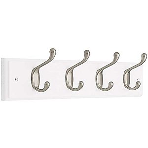 18-Inch Hook Rail/Coat Rack with 4 Heavy Duty Coat and Hat Hooks, White and Satin Nickel, Packaging May Vary