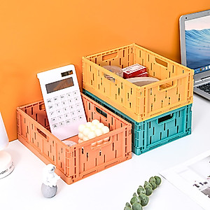 Klyuqoz Pastel Crates, 4 Pack Storage Crates Plastic Stackable, Medium Size(9.6 x 7.3 x 3.5 in), Desktop Storage Crates Folding for Home Office Bedroom.Blue, Yellow, Green, Orange