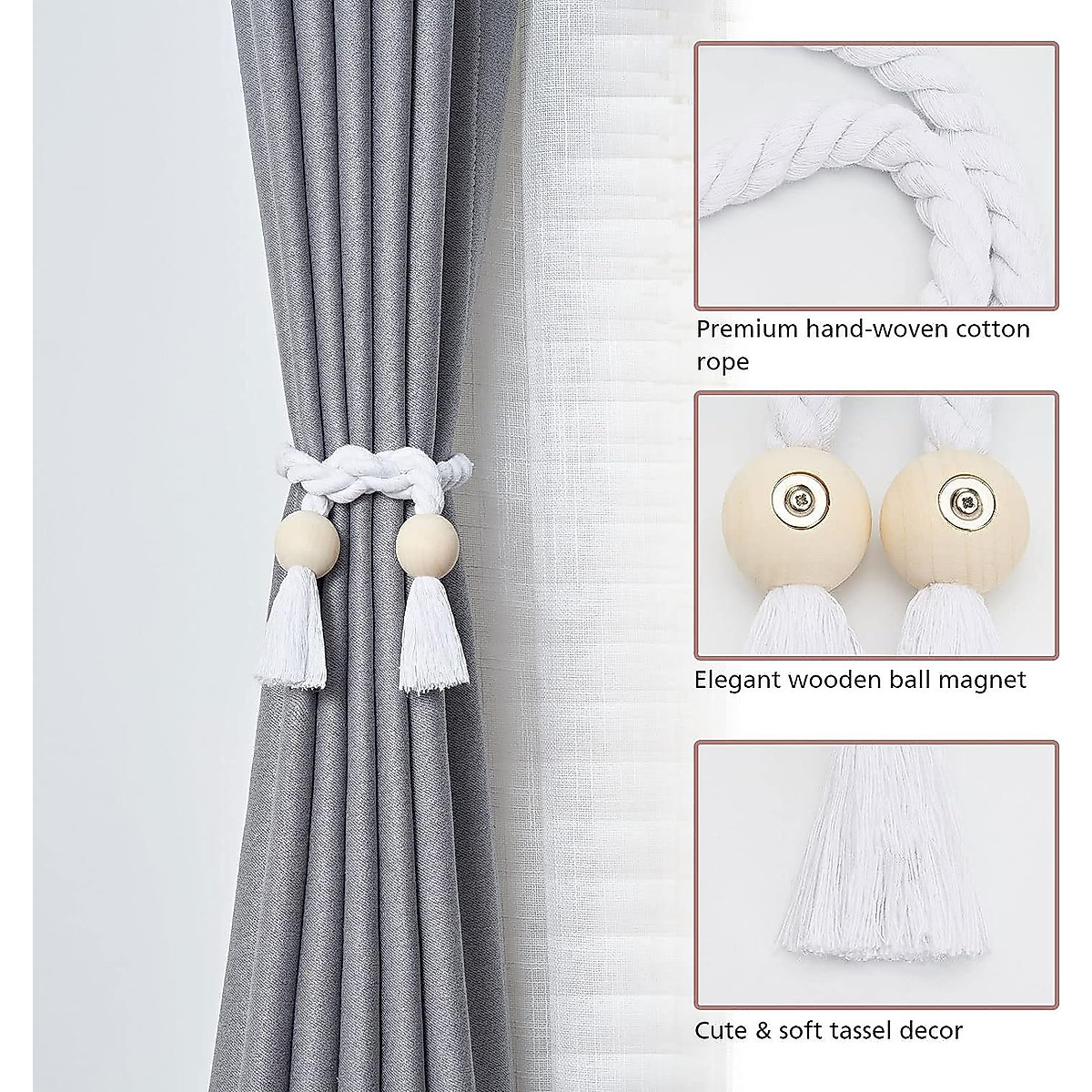 4 Pack Magnetic Curtain Tiebacks Convenient Drape Tie Backs Weave Holder for Window Draperies Hold Curtains Drape Ties Backs 16 inch Holdback