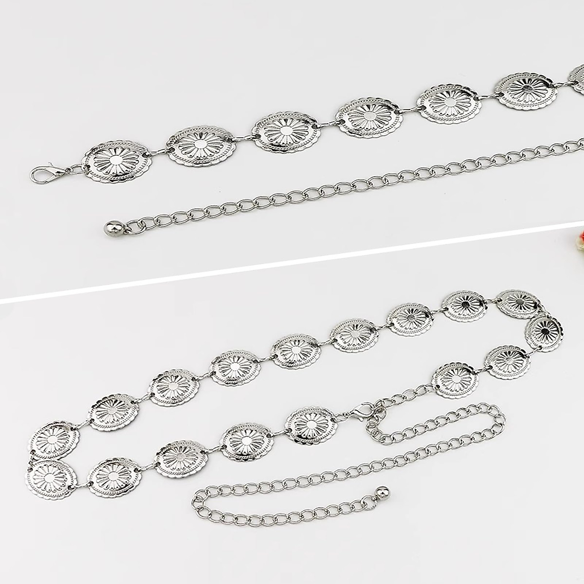 Tatibana Women Boho Chain Belts, Western Cowgirl Waist Links Belt Adjustable Metal Concho Metal Chain Hollow Out Daisy Decorated Skinny Waist Belt For Dresses