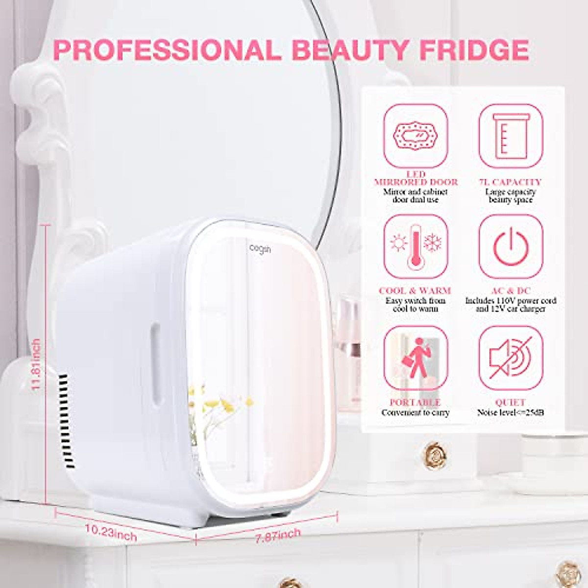 Cegsin Mini Fridge, 5 Liter/8 Cans Small Skincare Fridge with LED Mirror Door, AC/DC Portable Mini Refrigerator for Cosmetic & Makeup, Plug In Cooler and Warmer for Bedroom, Dorm, Office, Car(White)