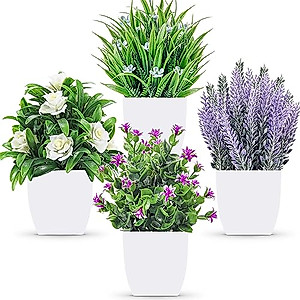 Der Rose 4 Packs Small Fake Plants Mini Artificial Faux Plants in Pots for Home Office Bedroom Living Room Decor