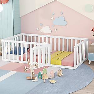 Twin Floor Bed for Kids Solid Wood Montessori Bed Frame with Door & Safety Guardrails Multifunctional Montessori Floor Bed for Toddlers, No Weight Limit, Easy Assemble, White