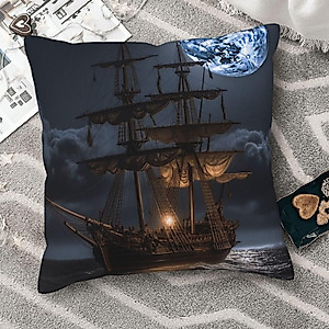 Pirate Sailboat Full Moon Print Throw Pillow Cover Corduroy Soft Pillowcase with Hidden Zipper Decorative Cushion Covers for Sofa Living Room Home Decors 20"X20"